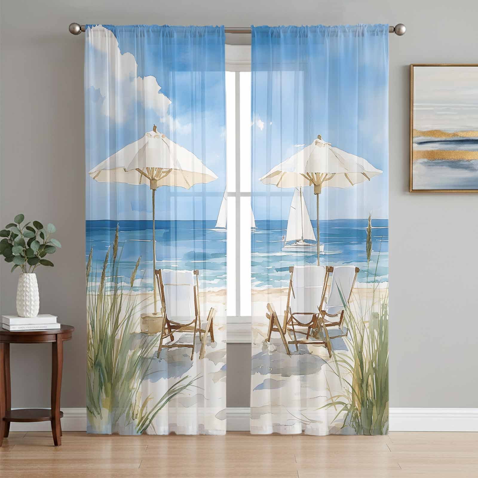 Blue Sea Wave Sheer Curtains 84 Inch Length 2 Panels Set, Coastal Beach ...