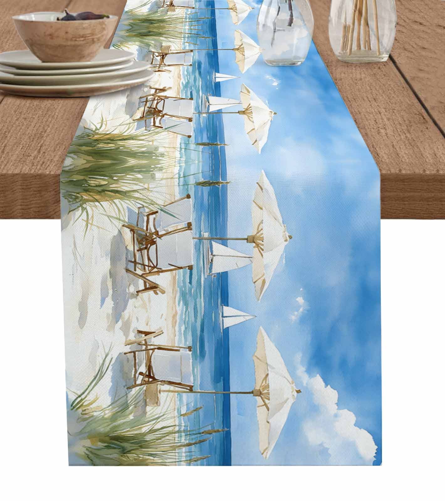 Blue Sea Wave Table Runner 48 Inches, Coastal Beach Nautical Oil ...