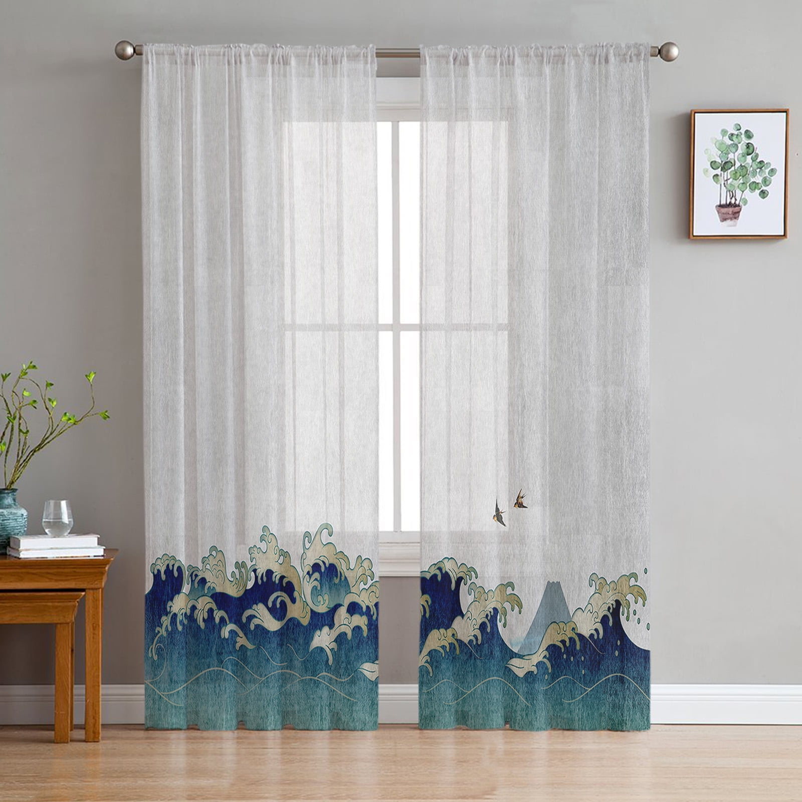 Blue Sea Waves Scenery Sheer Window Curtains for Living Room Bedroom ...