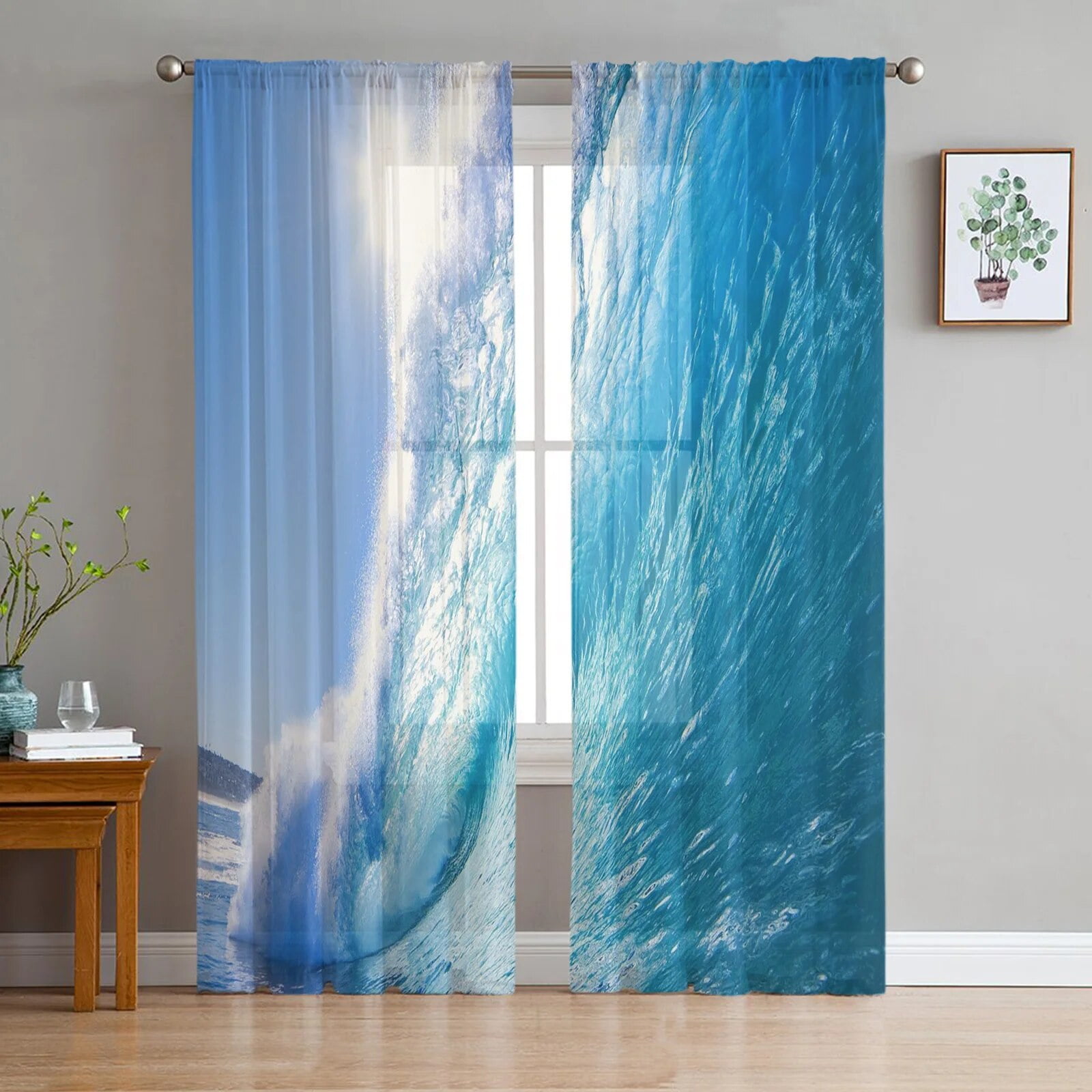 Blue Sea Waves Scenery Sheer Window Curtains for Living Room Bedroom ...