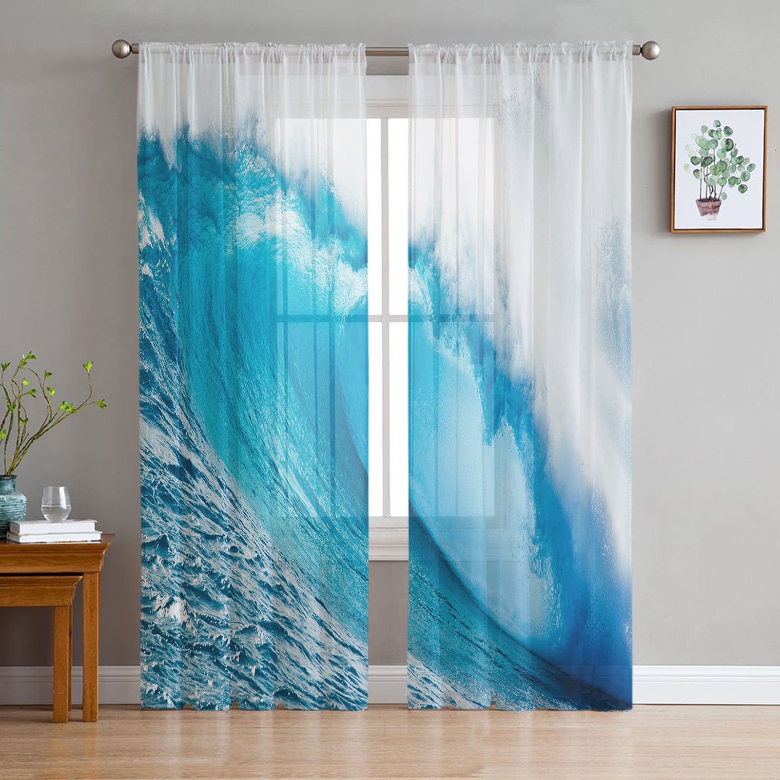 Blue Sea Waves Scenery Sheer Window Curtains for Living Room Bedroom ...