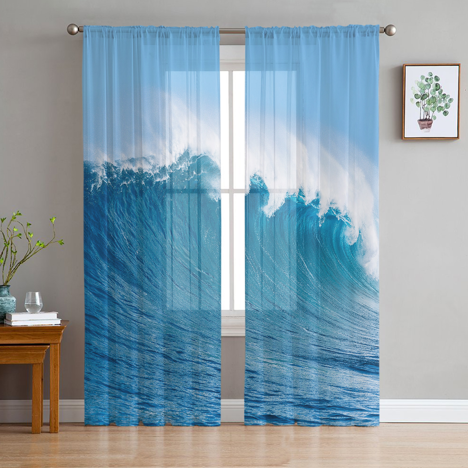 Blue Sea Waves Scenery Sheer Window Curtains for Living Room Bedroom ...