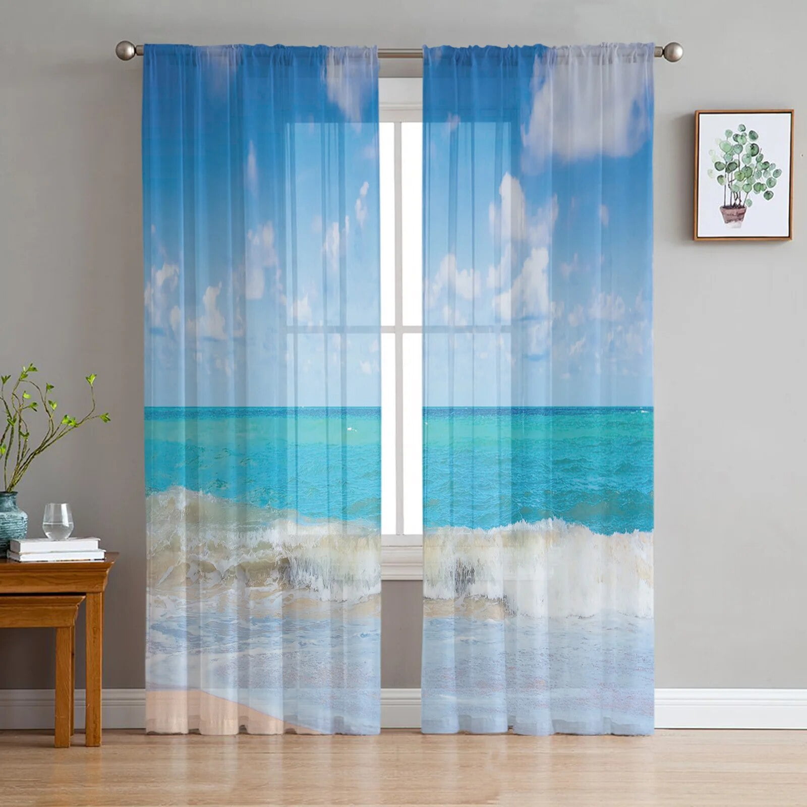 Blue Sea Waves Scenery Sheer Window Curtains for Living Room Bedroom ...