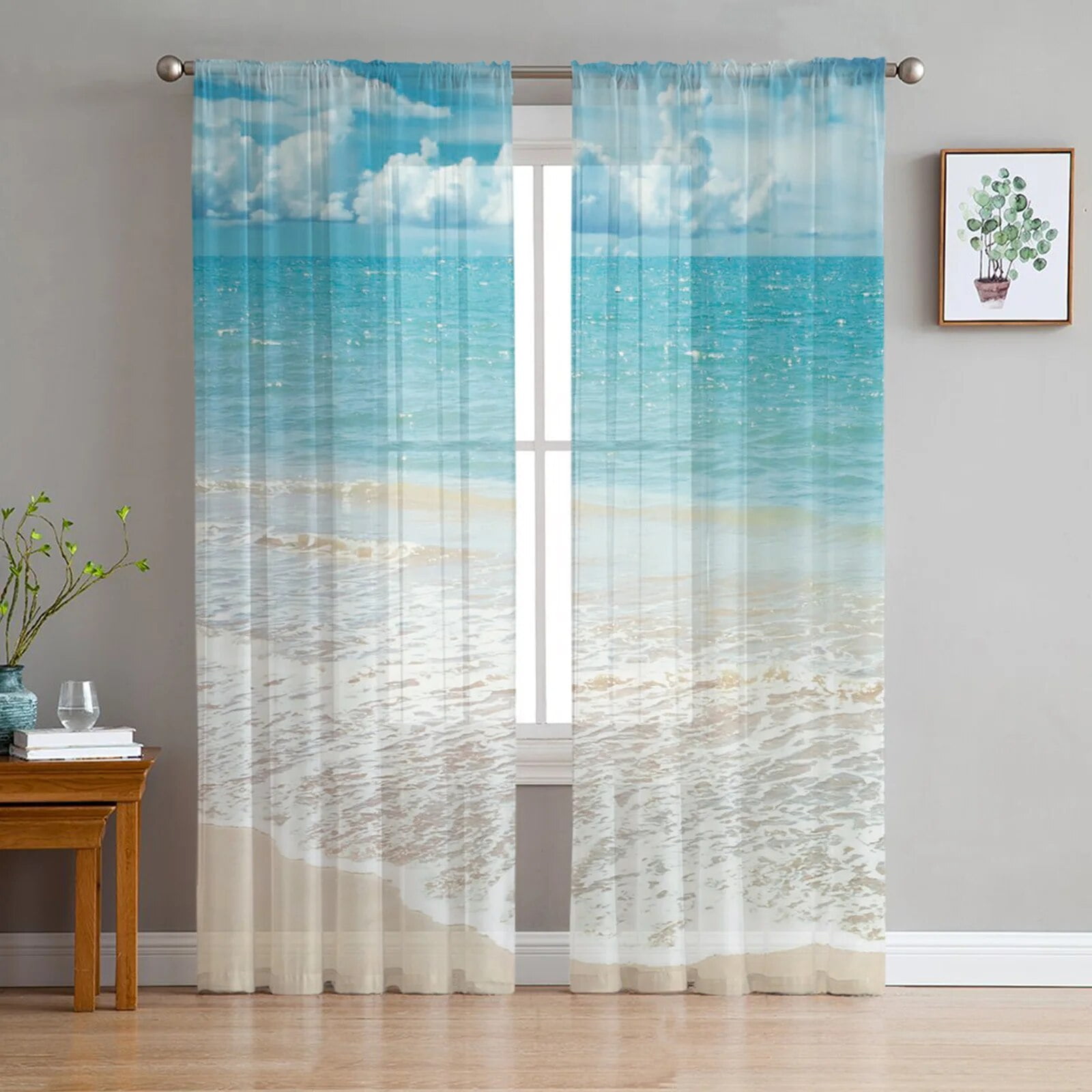 Blue Sea Waves Scenery Sheer Window Curtains for Living Room Bedroom ...