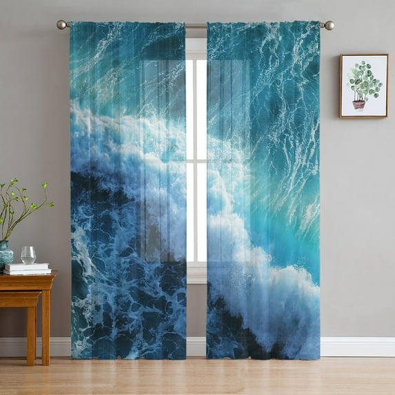 Blue Sea Waves Scenery Sheer Window Curtains for Living Room Bedroom ...