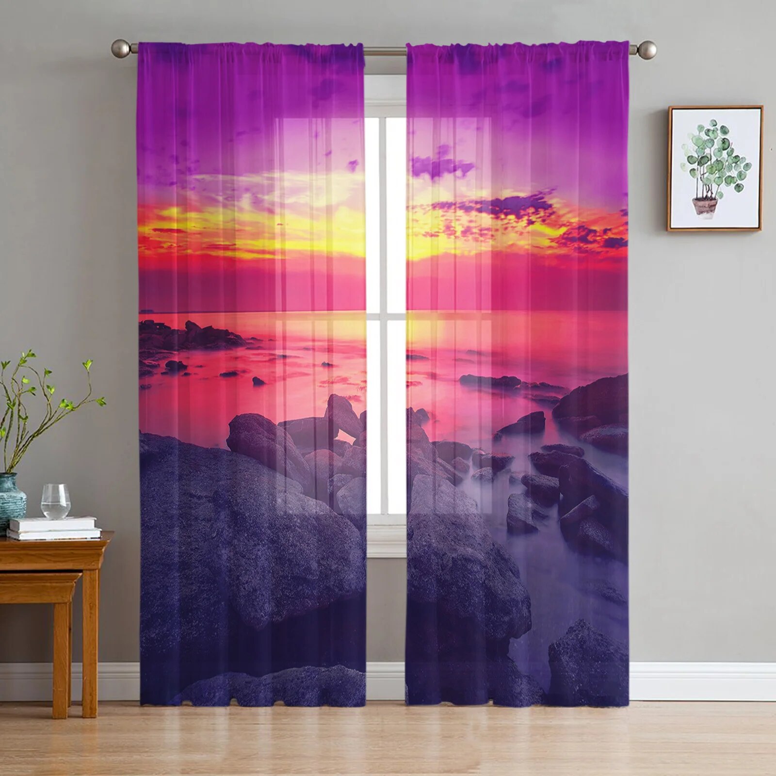 Blue Sea Waves Sunset Sunshine Sheer Curtains for Living Room Bedroom ...