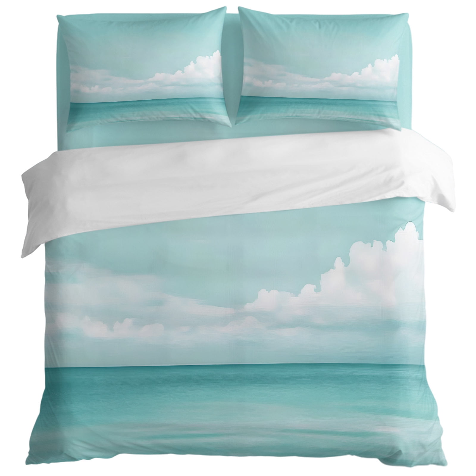 Blue Sea White Clouds King Size Bed Set,Minimalist Ocean Art Bedding ...