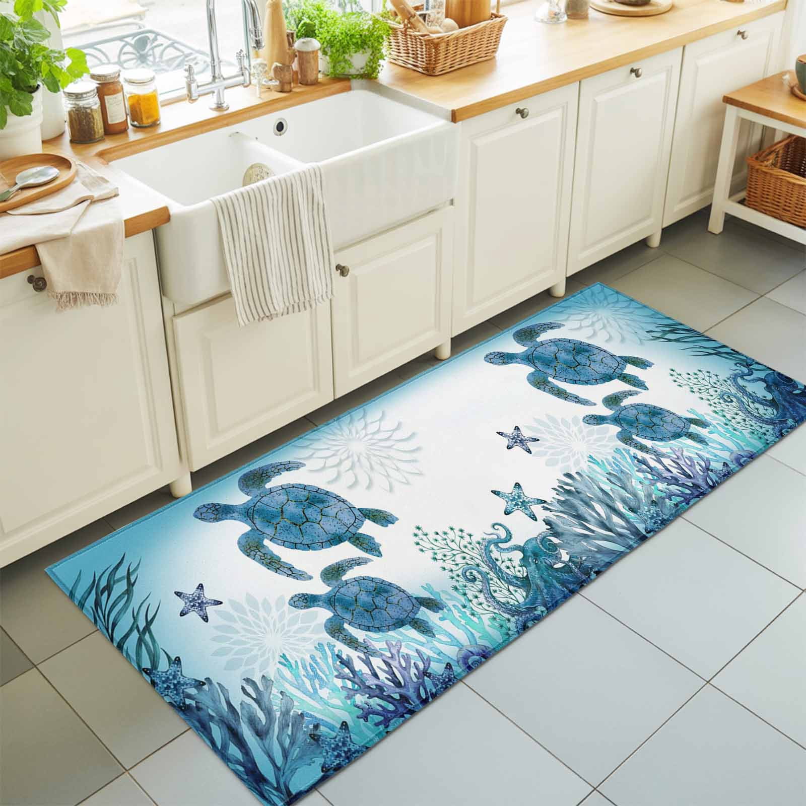Blue Sea turtle Coral Seagrass Sea Nuts Rectangle Rug 2'x6' Underwater ...