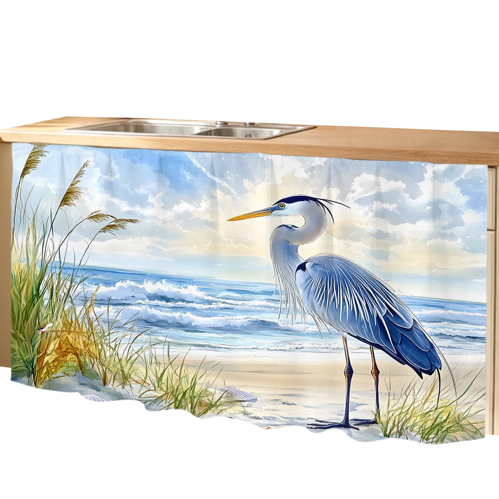 Blue Seabird Cabinet Curtains Sea Wave Blue Sky Reed Seaside Nature ...