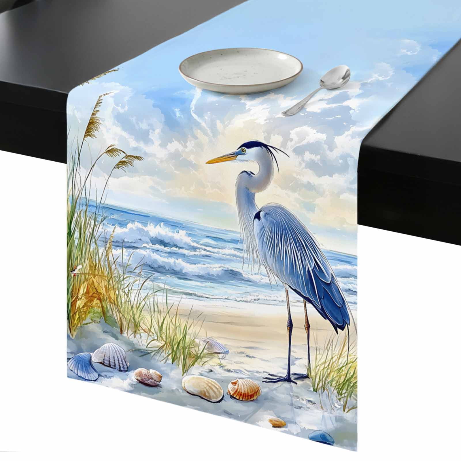 Blue Seabird Table Runner 13x60 Inch Sea Wave Blue Sky Reed Seaside ...