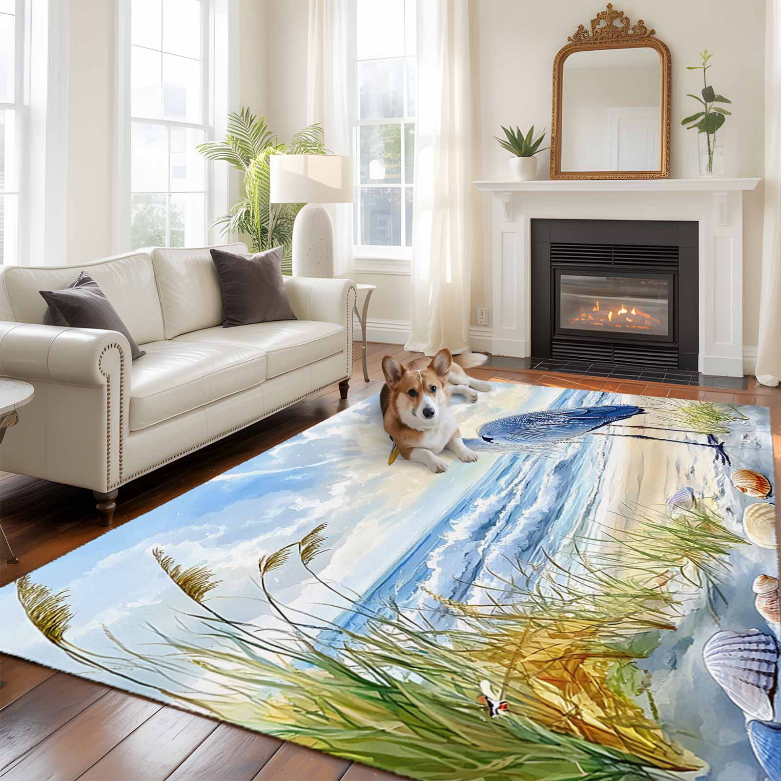 Blue Seabird Washable Area Rug 5x7 Sea Wave Blue Sky Reed Seaside ...
