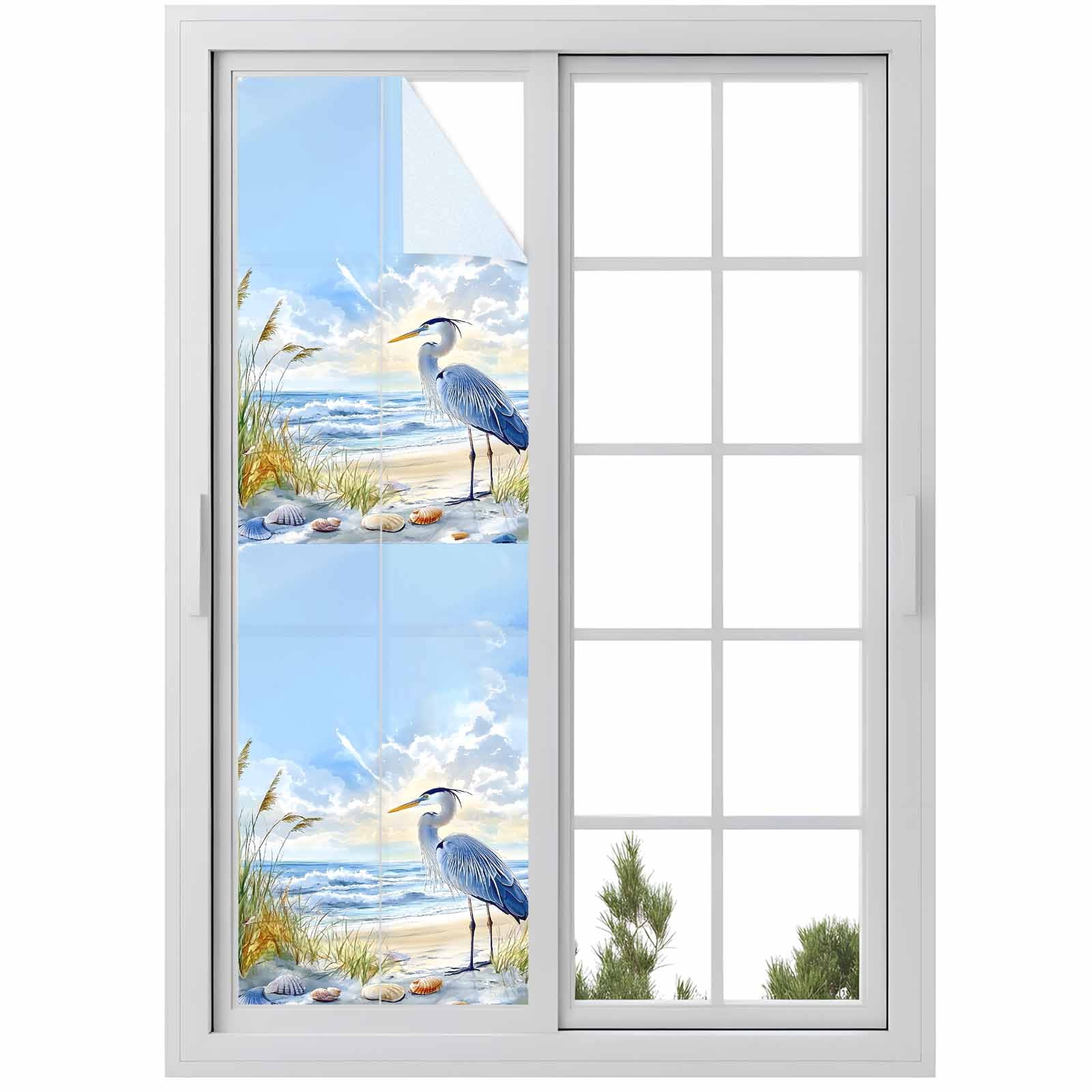 Blue Seabird Window Privacy Film, Sea Wave Blue Sky Reed Seaside Nature ...