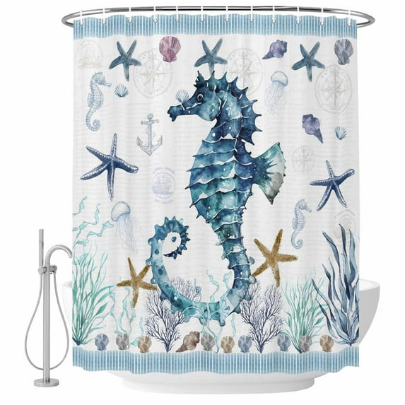 Blue Seahorse Bathroom Shower Curtains with Hooks, Ocean Watercolor ...