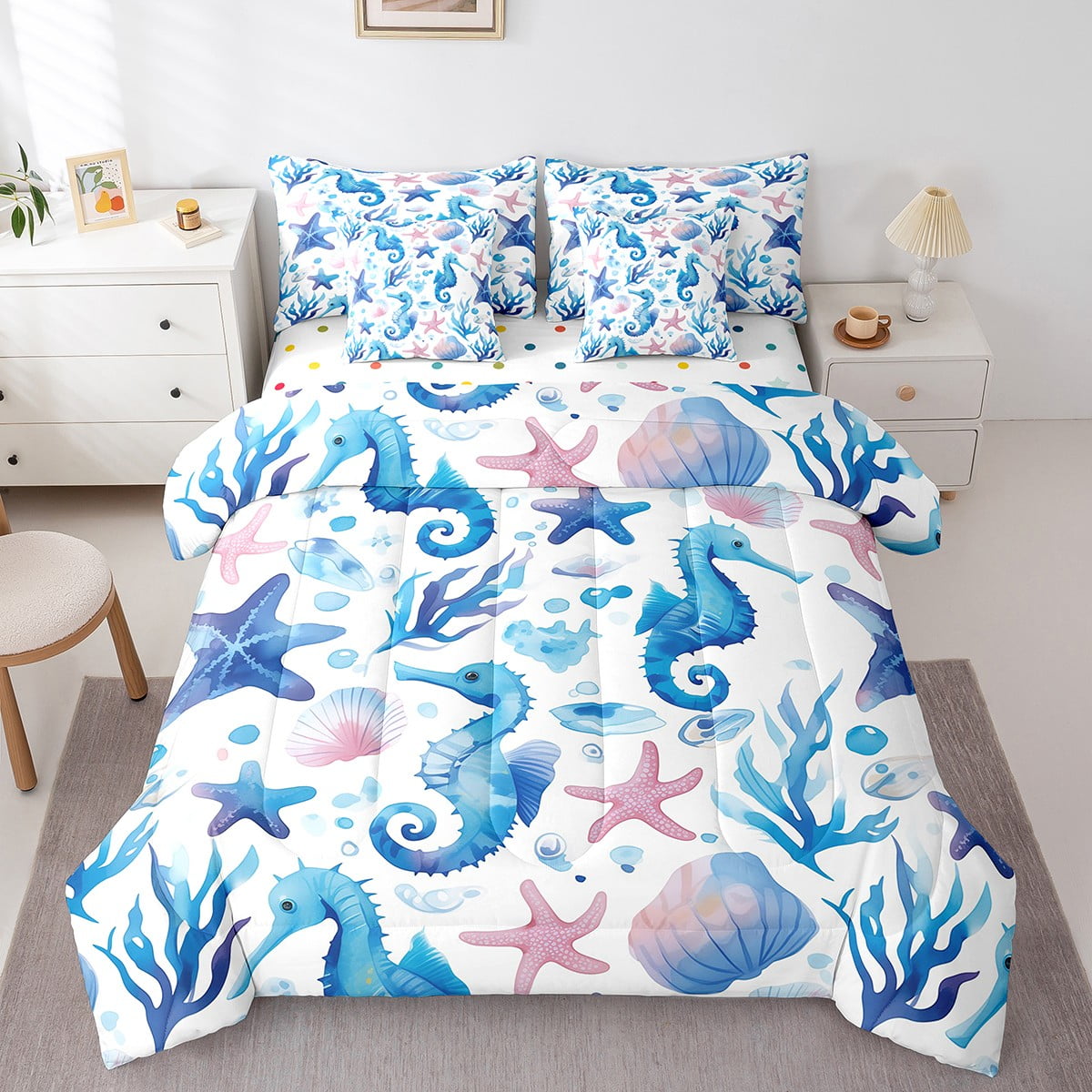 Blue Seahorse Bedding Set King Size,Sea Shell Starfish Curtains Coastal ...
