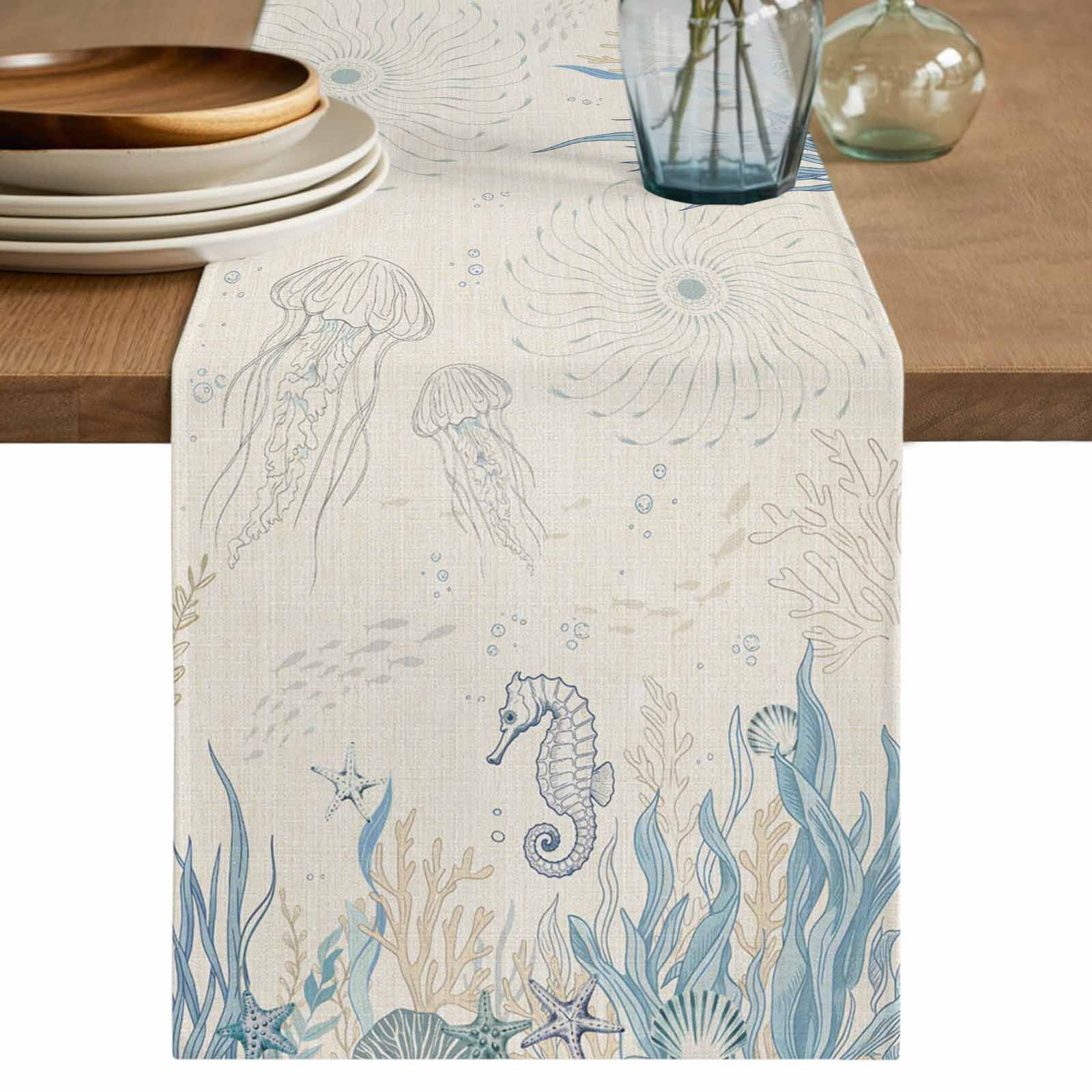 Blue Seahorse Coastal Cotton Linen Table Runner for Dining Kitchen ...