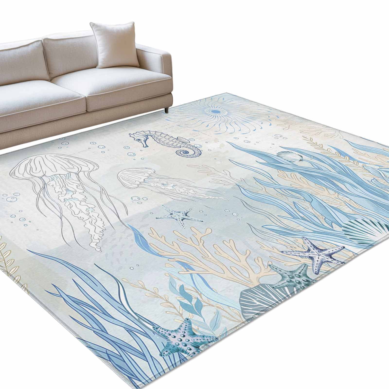 Blue Seahorse Coastal Washable Rug 5x7 Area Rug for Living Room Bedroom ...