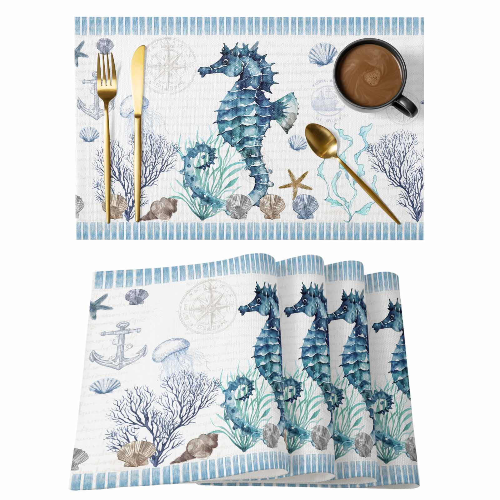 Blue Seahorse Cotton Linen Placemats Set of 1, Ocean Watercolor Blue ...