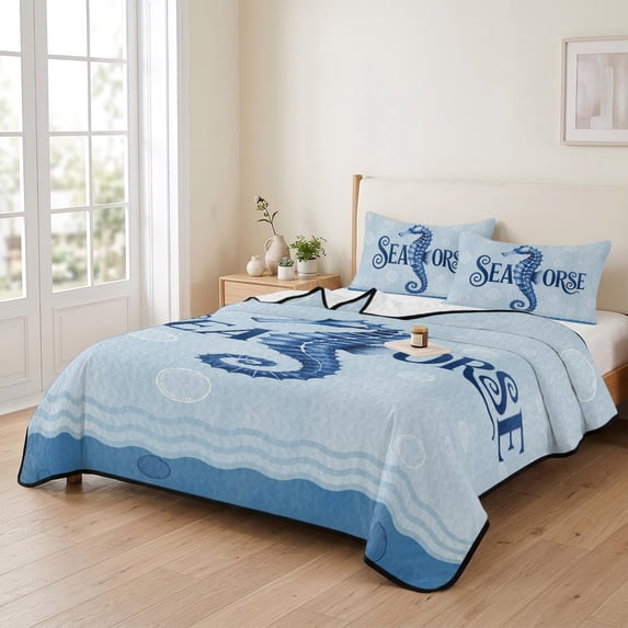 Blue Seahorse Marine Creature 3 Pieces Quilt Set,1 Quilt with 2 Shams ...