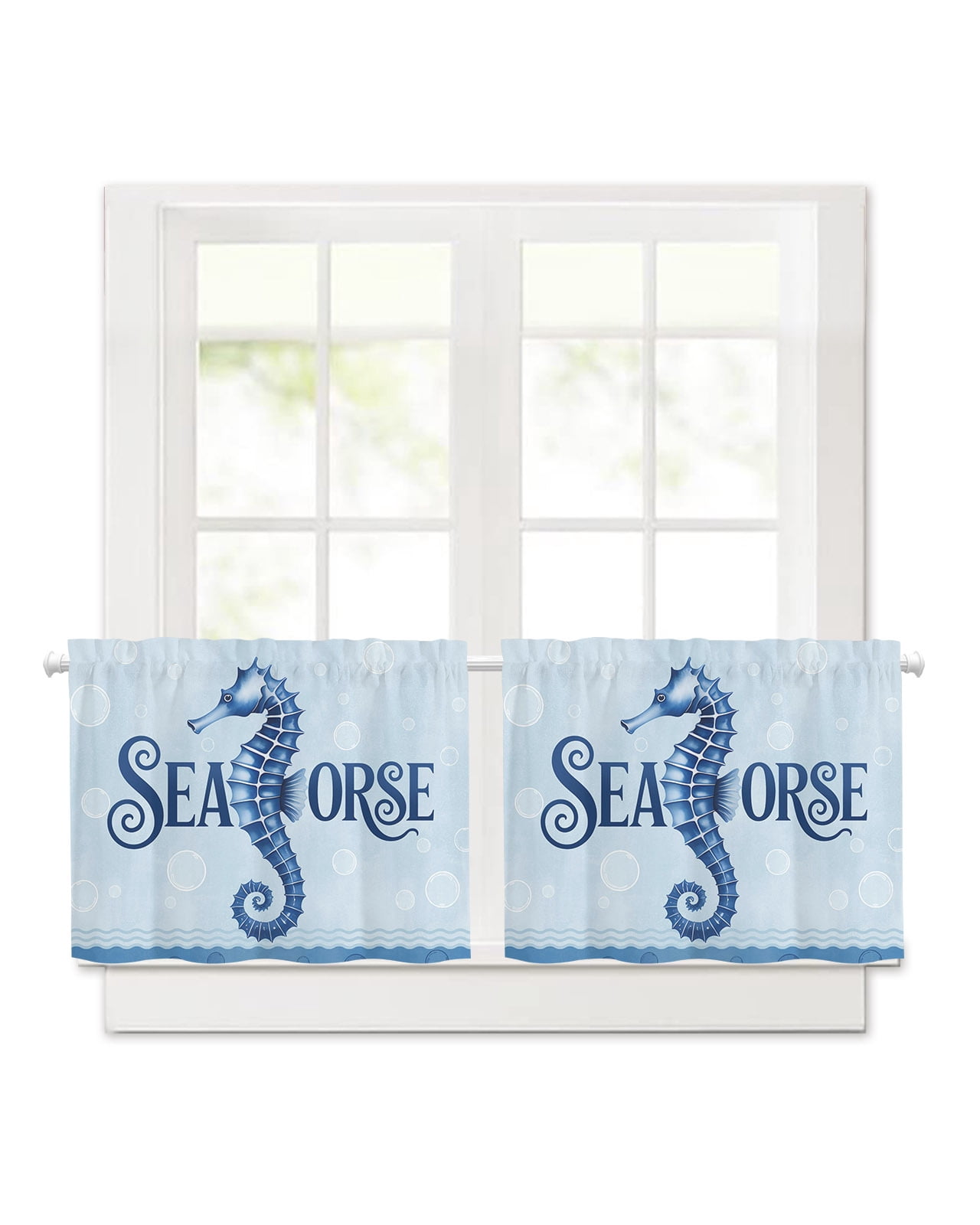 Blue Seahorse Marine Creature Short Blackout Curtains 24 Inch Long ...