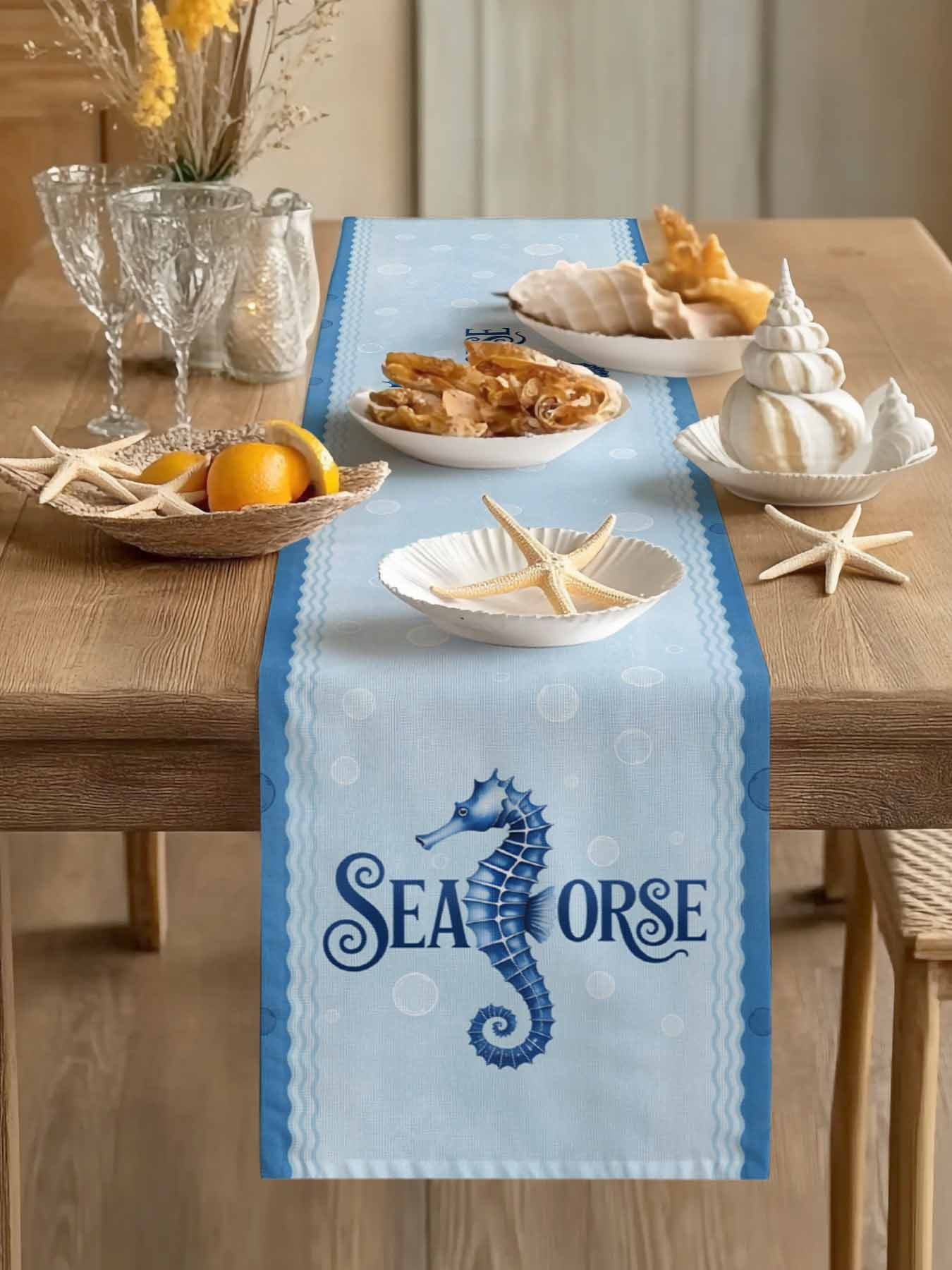 Blue Seahorse Marine Creature Table Runner 13x90in Non-Slip Cotton ...