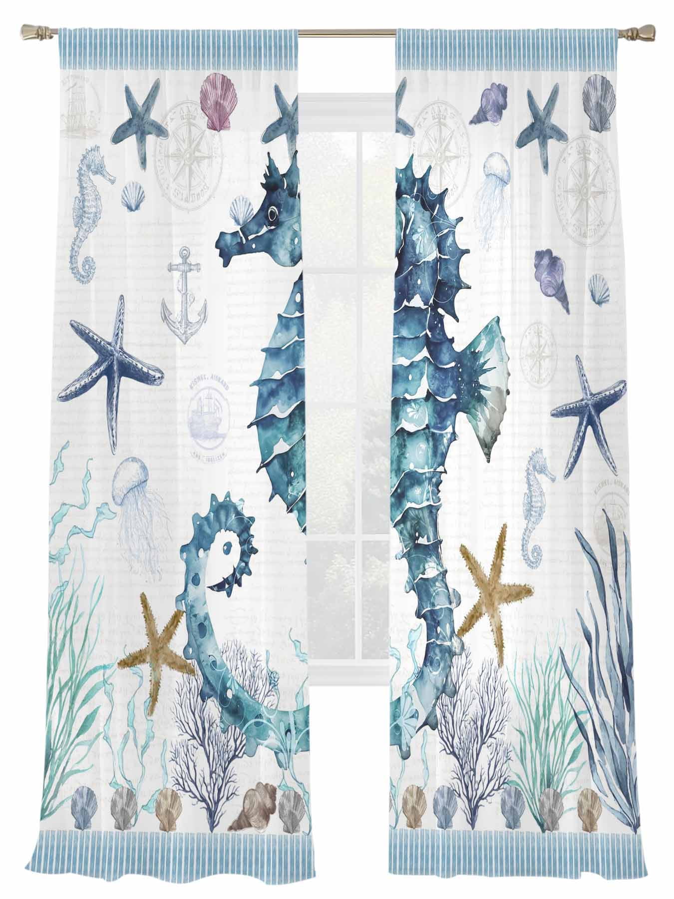 Blue Seahorse Sheer Curtains 2 Panels Set Ocean Watercolor Blue ...