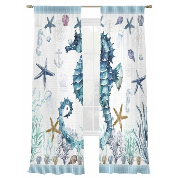 Blue Seahorse Sheer Curtains 2 Panels Set Ocean Watercolor Blue ...