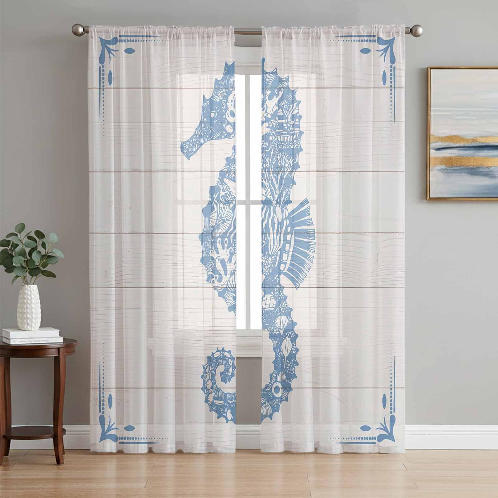 Blue Seahorse Sheer Curtains for Living Room Bedroom Ocean Coastal ...