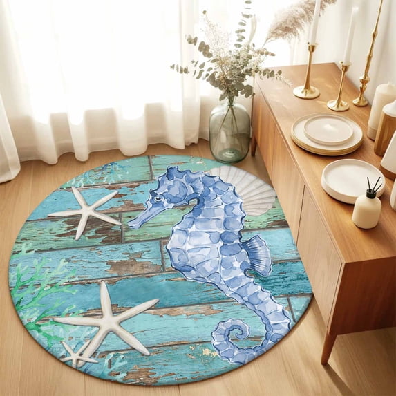 Blue Seahorse Starfish Shell Coral Round Rug 3ft Coastal Ocean Retro ...
