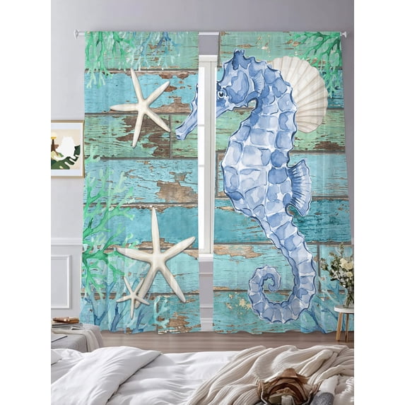 Blue Seahorse Starfish Shell Coral Sheer Curtains 2 Panels Set Coastal ...