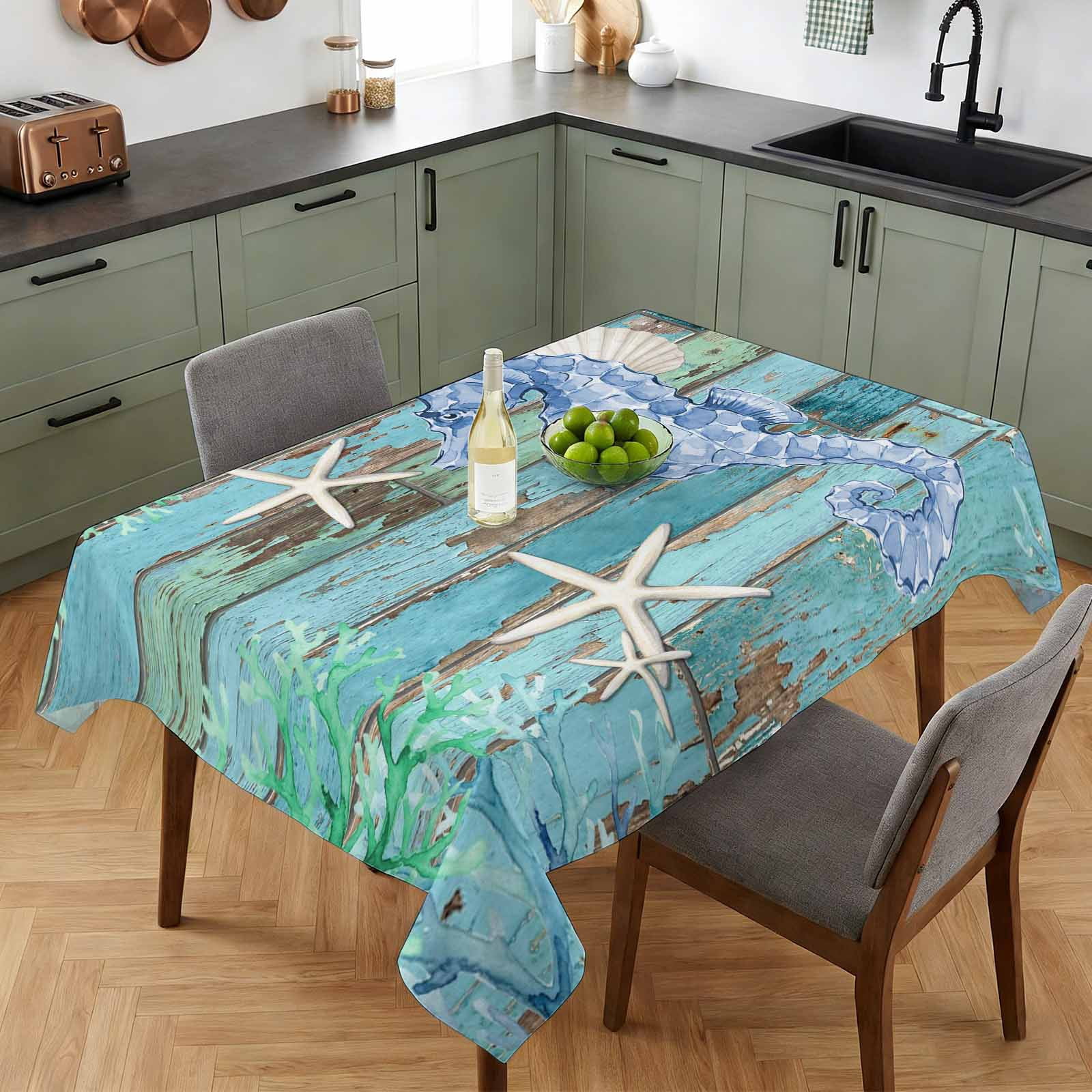 Blue Seahorse Starfish Shell Coral Table Cloth 52x70in, Waterproof ...