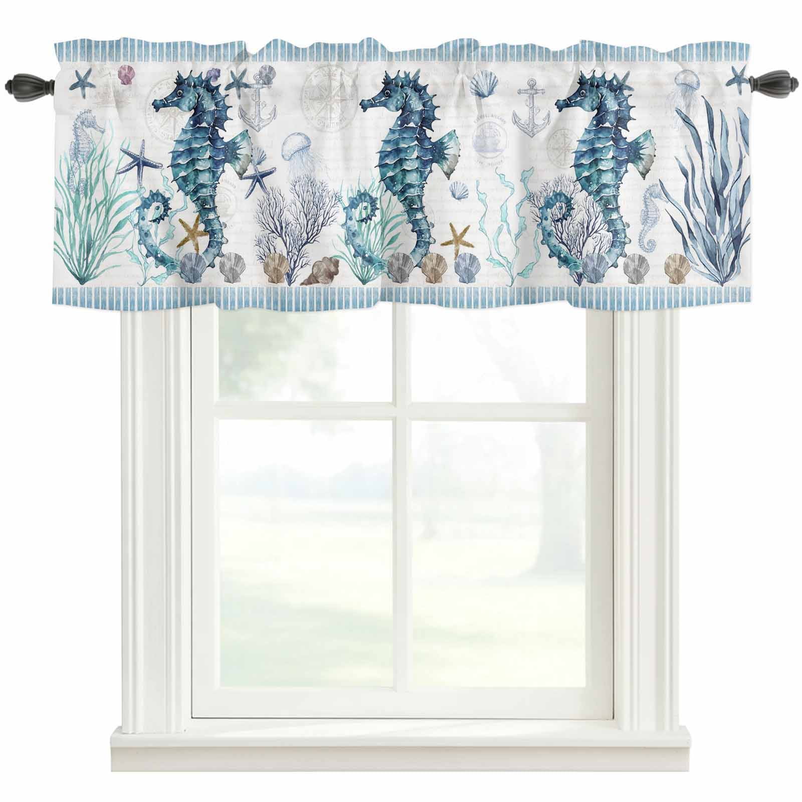 Blue Seahorse Valances for Windows Ocean Watercolor Blue Seastars ...
