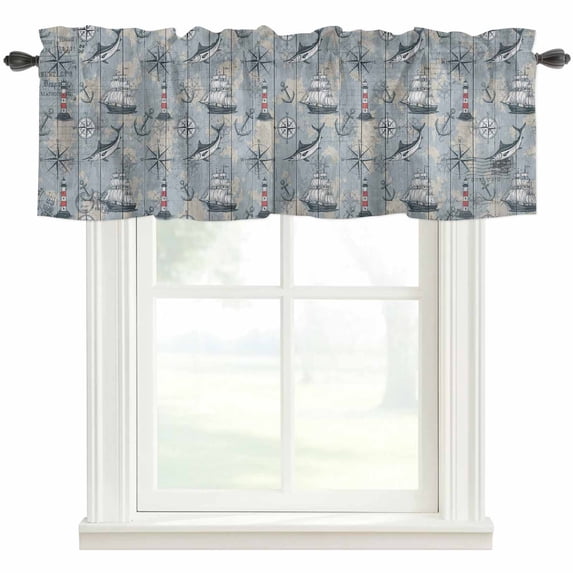 Blue Seaports Rod Pocket Curtain Valance, Vintage Ocean Anchor Shark ...