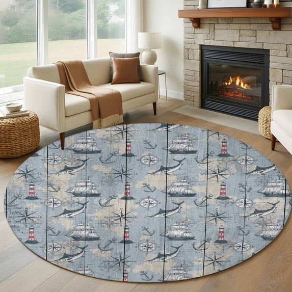 Blue Seaports Round Rug 8ft Washable Circle Rugs Non Slip Vintage Ocean ...