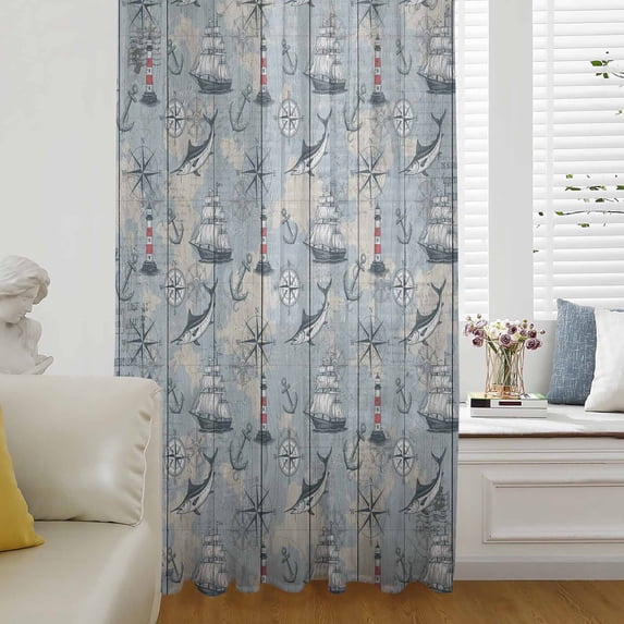 Blue Seaports Semi Sheer Curtains Drapes for Living Room,Bedroom,French ...
