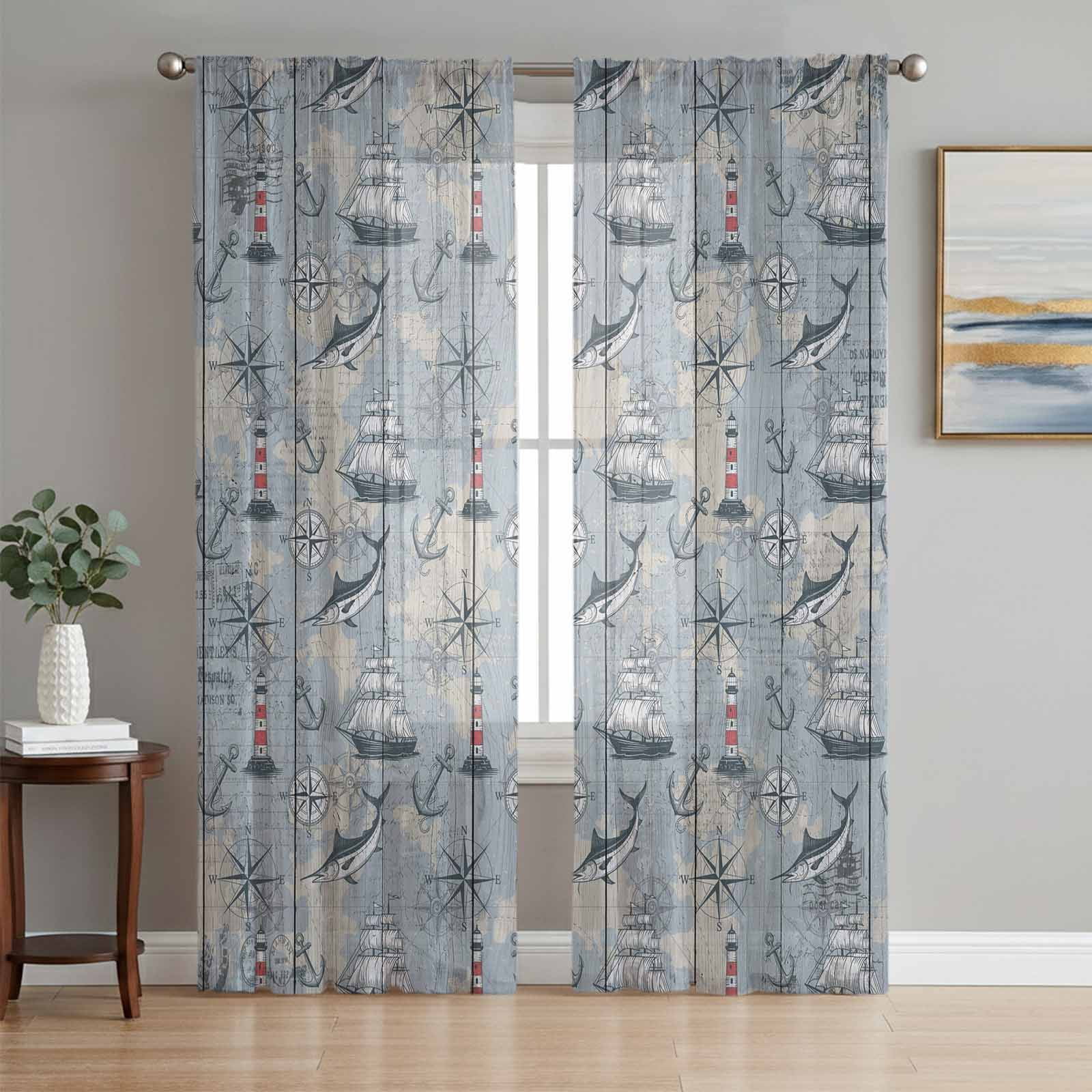 Blue Seaports Sheer Curtains 72 Inch Length 2 Panels Set, Vintage Ocean ...