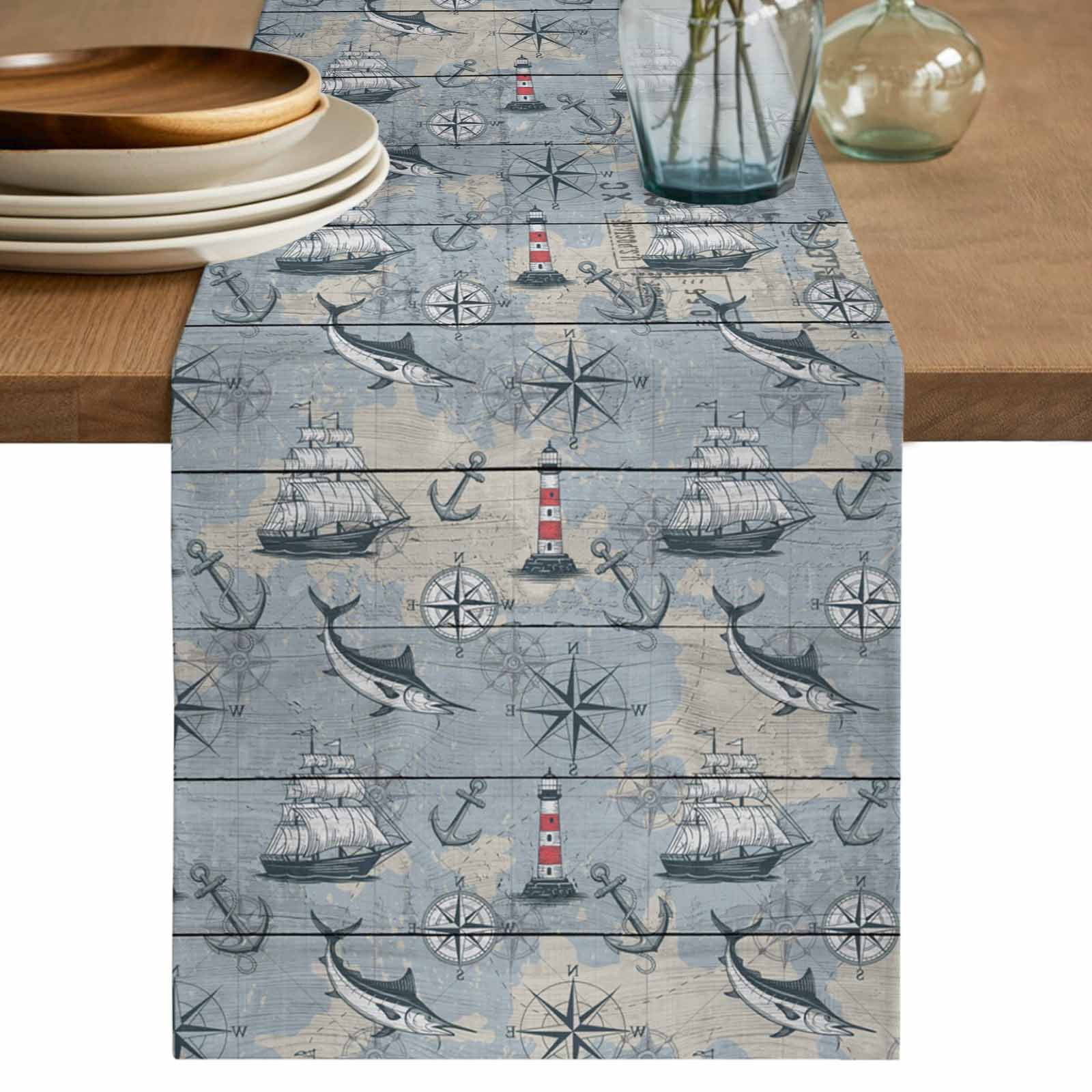 Blue Seaports Table Runner 72 Inches, Vintage Ocean Anchor Shark ...