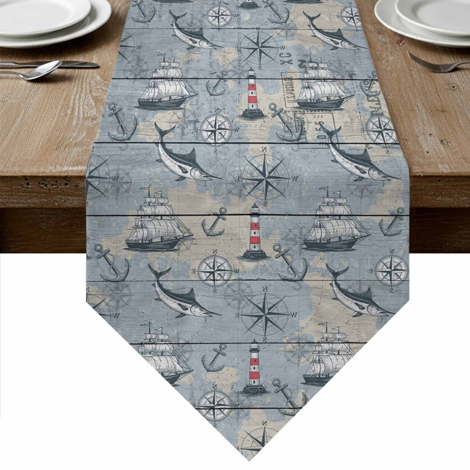 Blue Seaports Table Runner Linen Burlap Table Runner 72 Inches Long ...