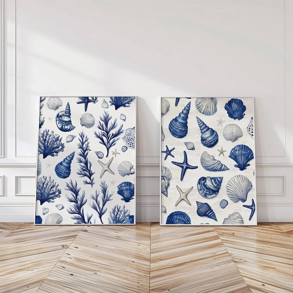 Blue Seashell And Coral Illustration Set, Coastal Nautical Wall Art ...