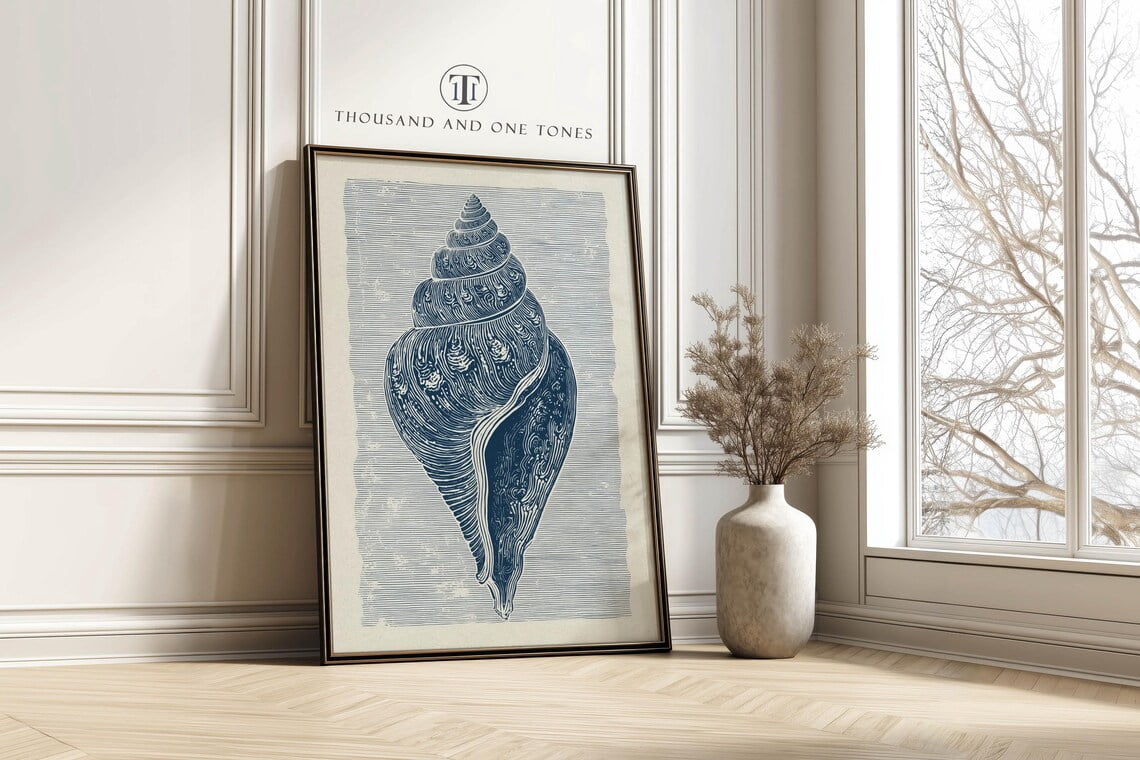 Blue Seashell Art Print, Coastal Shell Illustration Poster, Nautical ...