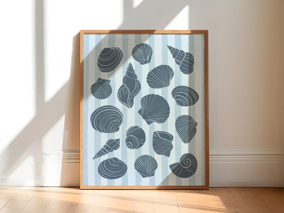 Blue Seashell Art Print, Seashell Wall Art, Beachy Prints, Oyster Print ...