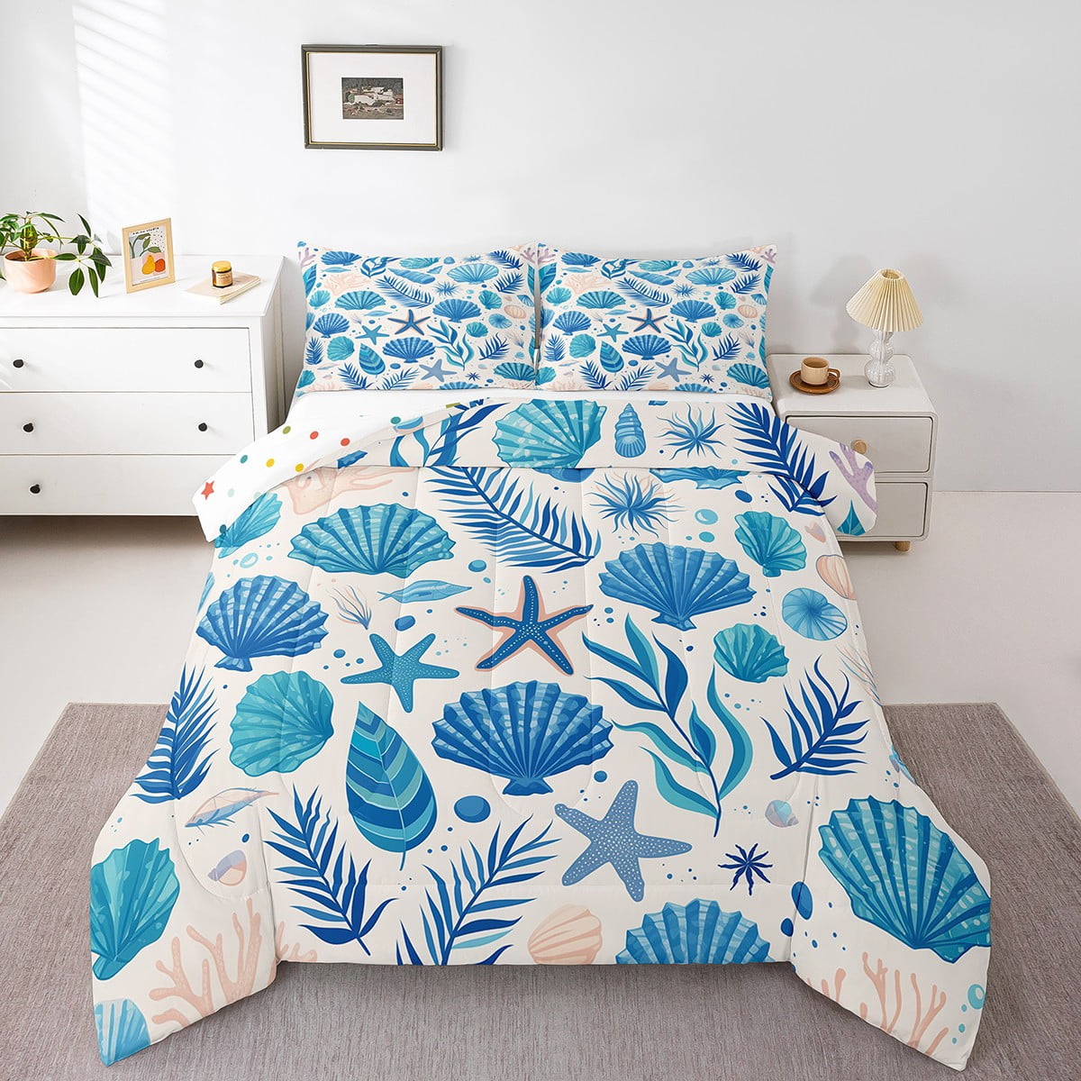 Blue Seashell Comforter Set Starfish Beach Bedding Set,Coastal Shell ...