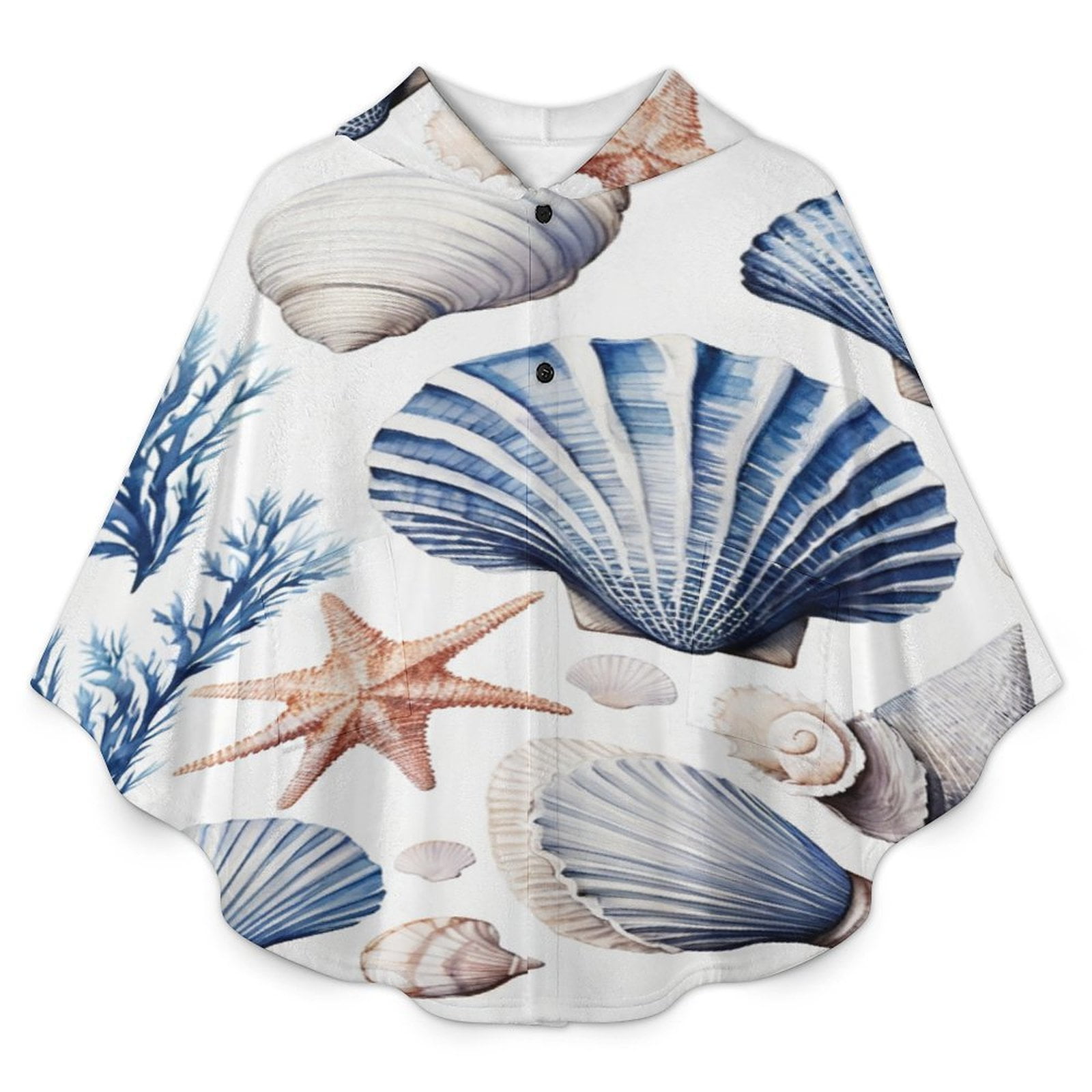 Blue Seashell Coral Art Blanket Oversized Wearable Hooded Blanket Warm ...