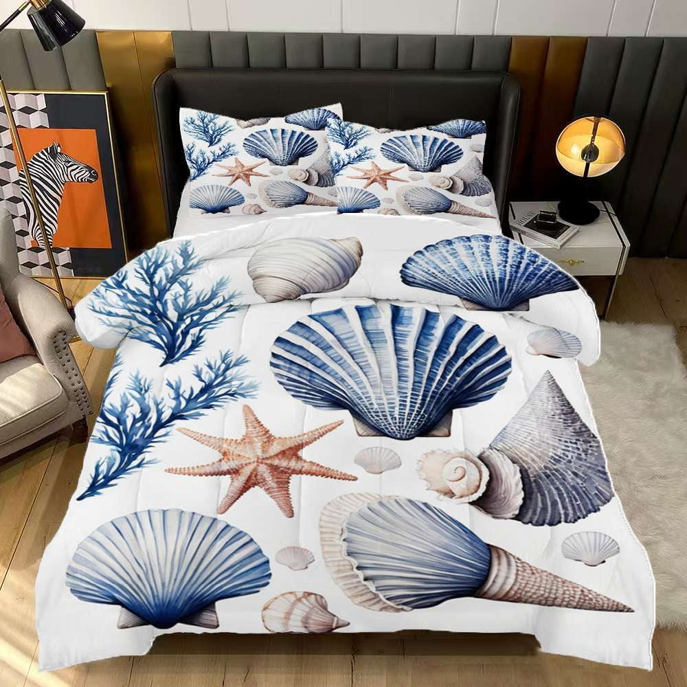 Blue Seashell Coral Art Comforter Set Queen Size Bedding Set For Travl ...