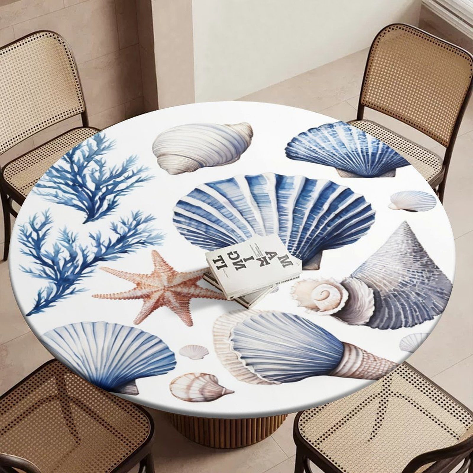 Blue Seashell Coral Art Round Table Cover Kitchen Printed Waterproof ...