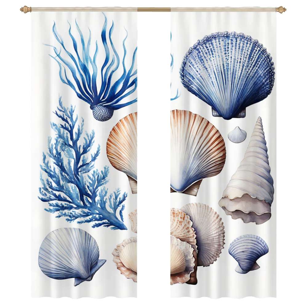 Blue Seashell Coral Art Sheer Window Curtains for Living Room Kitchen ...
