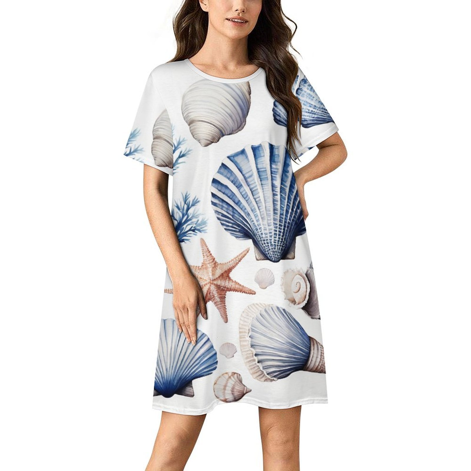 Blue Seashell Coral Art Women Nightgown Sleepwear Short Sleeves For ...
