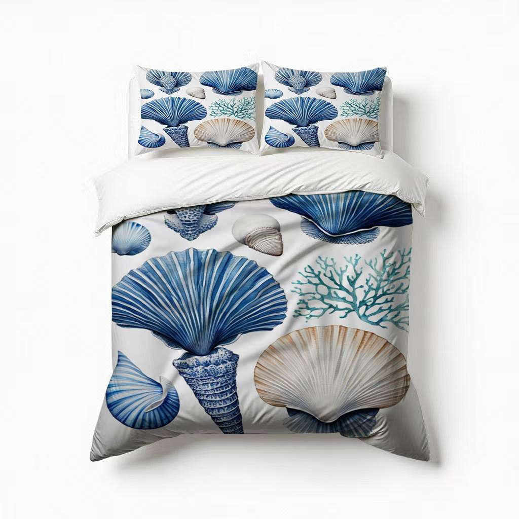 Blue Seashell Coral Print Bedding Set 3 Pcs Soft Microfiber Quilt Cover ...