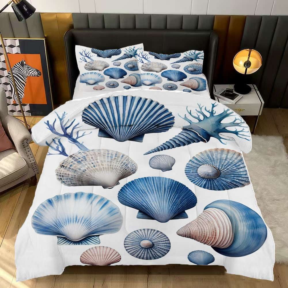 Blue Seashell Coral Print Comforter Set Queen Size Bedding Set For ...