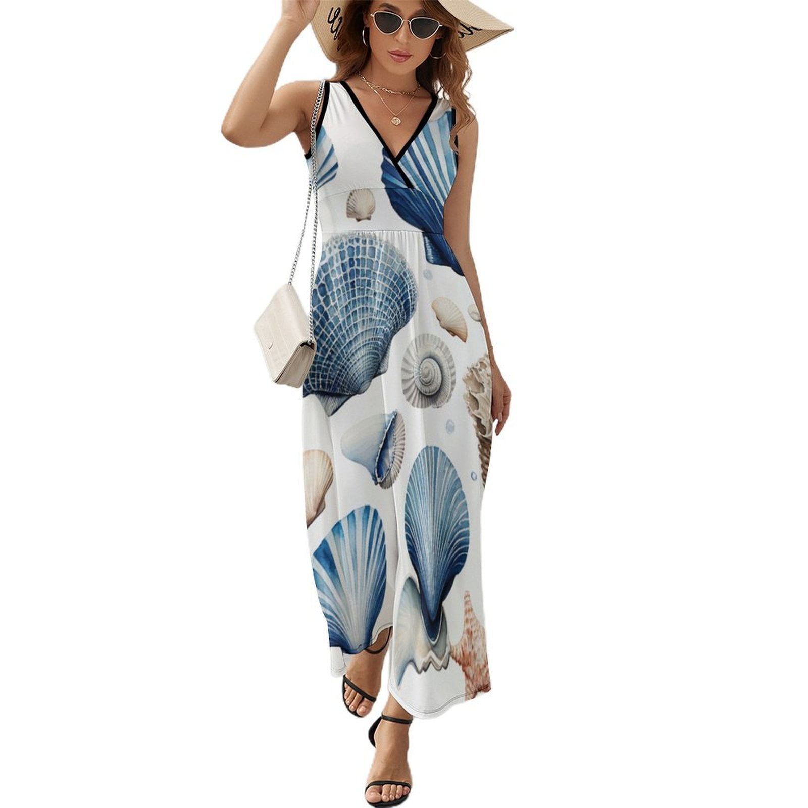Blue Seashell Coral Print Dress Summer Street Style Bohemia Long ...