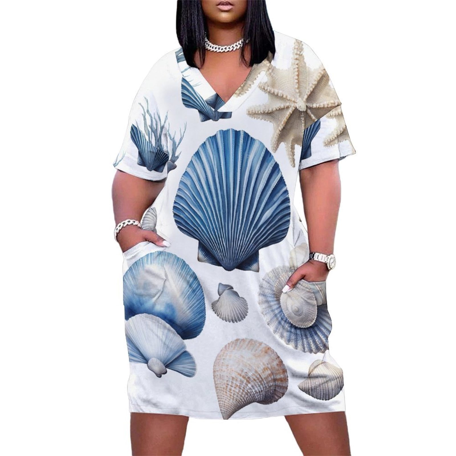 Blue Seashell Coral Print Loose Pocket Dress Dresses Summer Summer ...